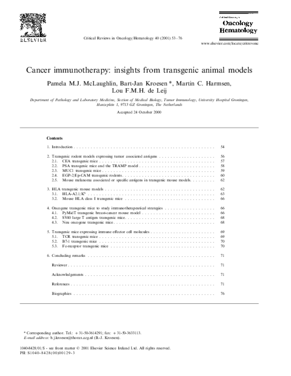 (PDF) Cancer immunotherapy: insights from transgenic animal models