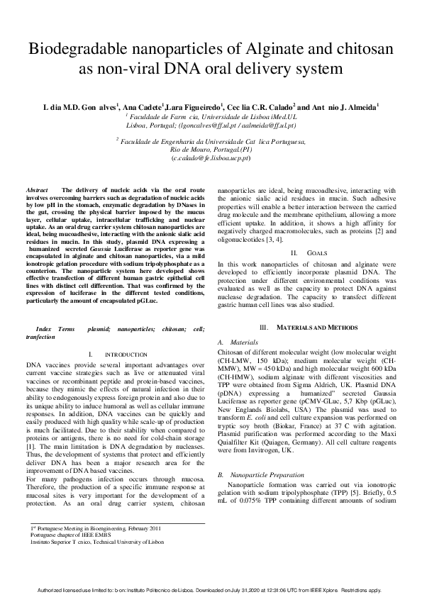(PDF) Biodegradable nanoparticles of alginate and chitosan as non-viral ...