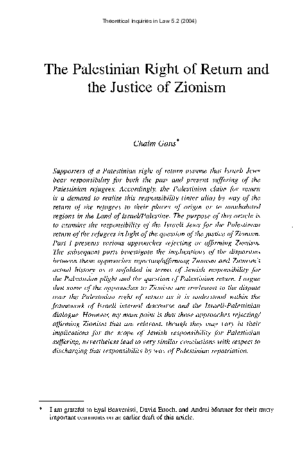 (PDF) The Palestinian Right of Return and the Justice of Zionism