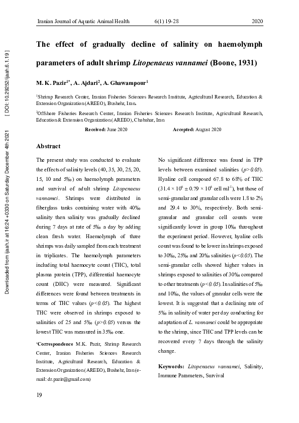 (PDF) The effect of gradually decline of salinity on haemolymph ...