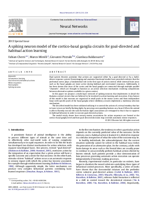(PDF) A spiking neuron model of the cortico-basal ganglia circuits for ...