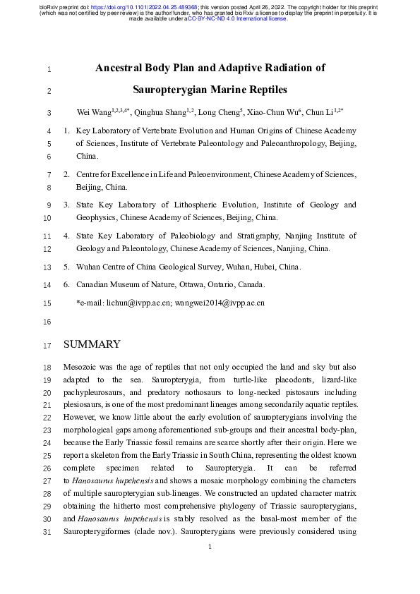 (PDF) Ancestral Body Plan and Adaptive Radiation of Sauropterygian ...