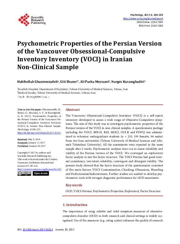 (PDF) Psychometric Properties of the Persian Version of the Vancouver ...