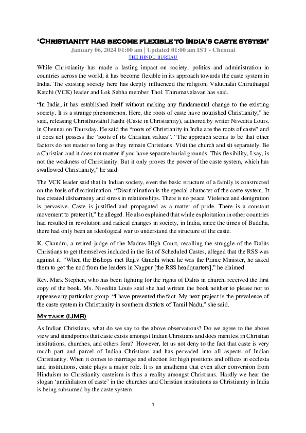 (PDF) 'Christianity has become flexible to India's caste system'