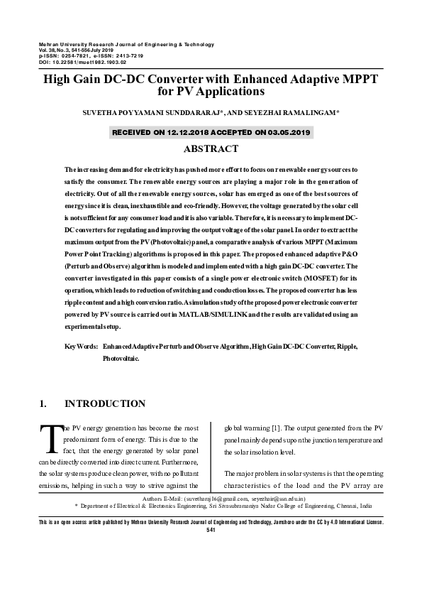 Pdf High Gain Dc Dc Converter With Enhanced Adaptive Mppt For Pv Applications