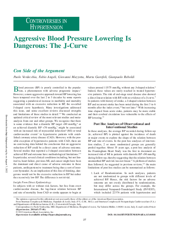 (PDF) Aggressive Blood Pressure Lowering Is Dangerous: The J-Curve