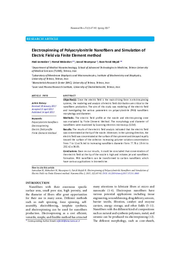 (PDF) Electrospinning of Polyacrylonitrile Nanofibers and Simulation of Electric Field via ...