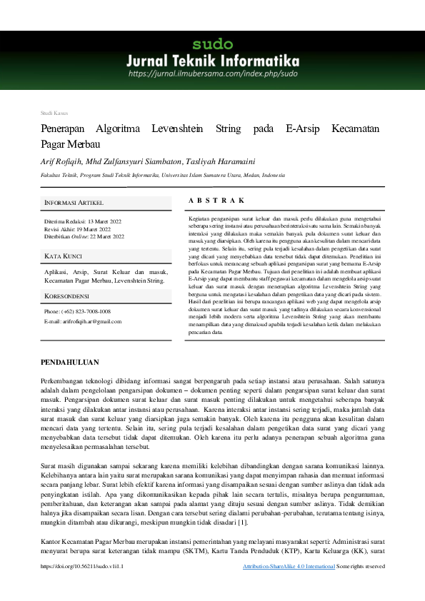 (PDF) Penerapan Algoritma Levenshtein String pada E-Arsip Kecamatan Pagar Merbau