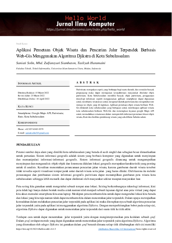 (PDF) Aplikasi Pemetaan Objek Wisata dan Pencarian Jalur Terpendek Berbasis Web-Gis Menggunakan ...