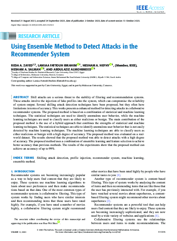 (PDF) Using Ensemble Method to Detect Attacks in the Recommender System