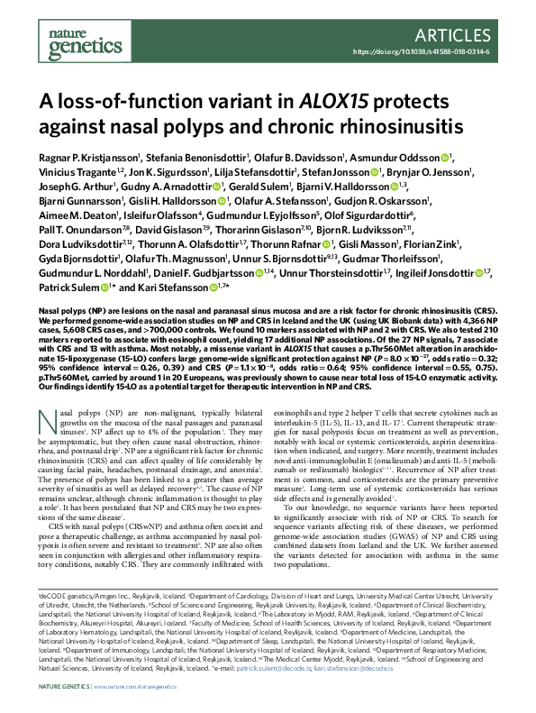 (PDF) A loss-of-function variant in ALOX15 protects against nasal ...