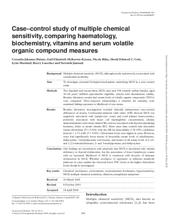 (PDF) Case-control study of multiple chemical sensitivity, comparing haematology, biochemistry ...