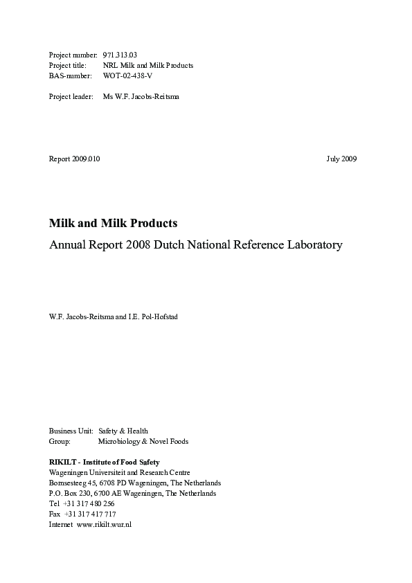 (PDF) Milk and milk products : annual report 2008 National Reference ...