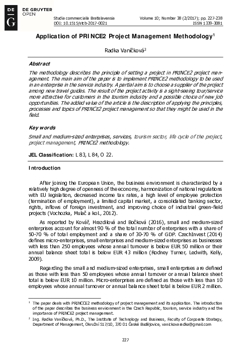 (PDF) Application of PRINCE2 Project Management Methodology