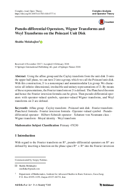Pdf Pseudo Differential Operators Wigner Transforms And Weyl Transforms On The Poincaré Unit Disk
