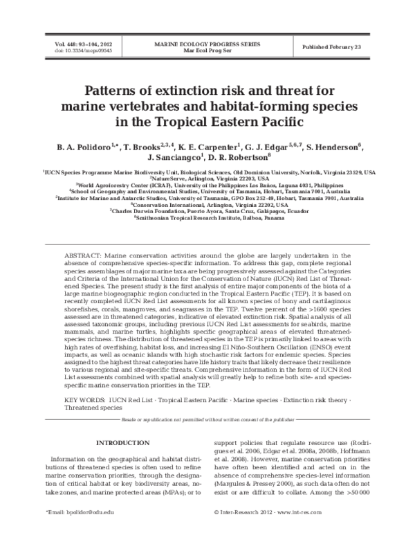 (PDF) Patterns of extinction risk and threat for marine vertebrates and ...