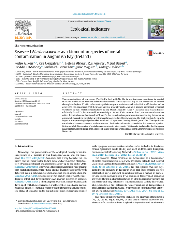 (PDF) Seaweed Alaria esculenta as a biomonitor species of metal ...
