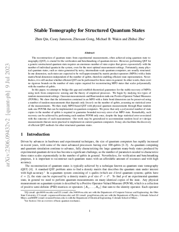 (PDF) Stable Tomography for Structured Quantum States
