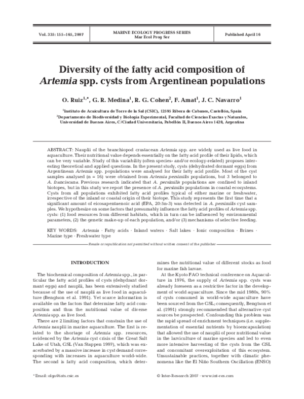 (PDF) Diversity of the fatty acid composition of Artemia spp. cysts ...