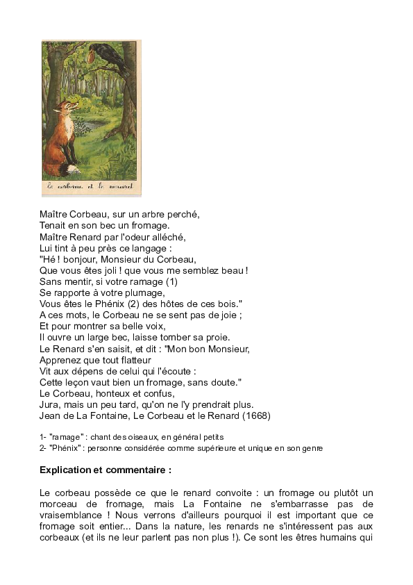 (PDF) Explication et commentaire de la fable Le corbeau et le renard de ...