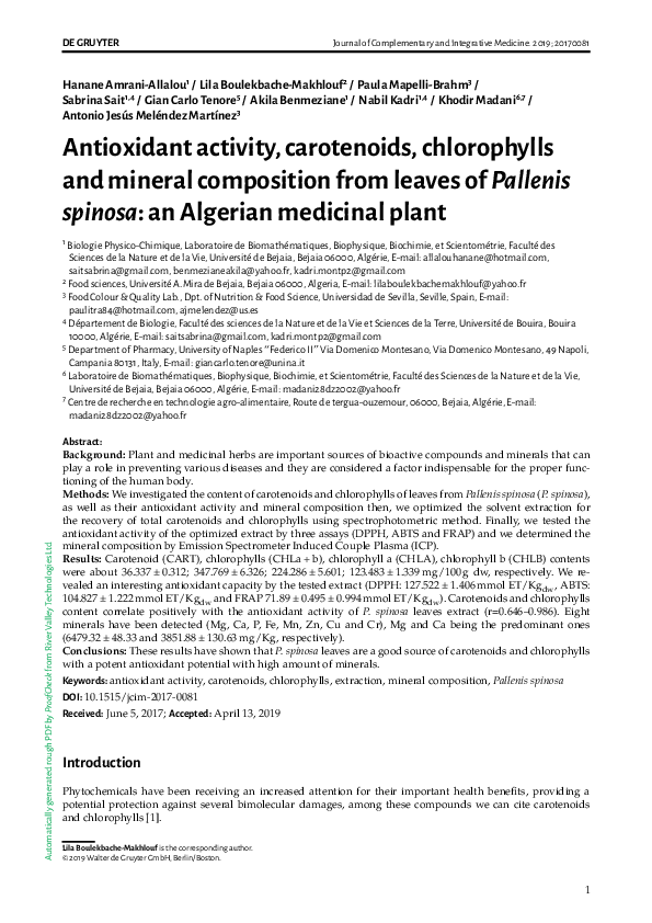 (PDF) Antioxidant activity, carotenoids, chlorophylls and mineral composition from leaves of ...