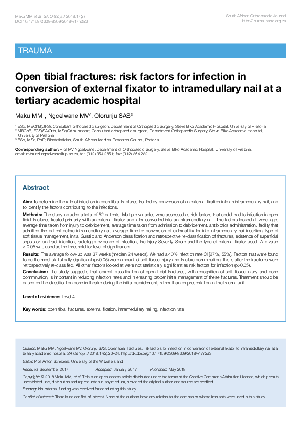 (PDF) Open tibial fractures: risk factors for infection in conversion ...