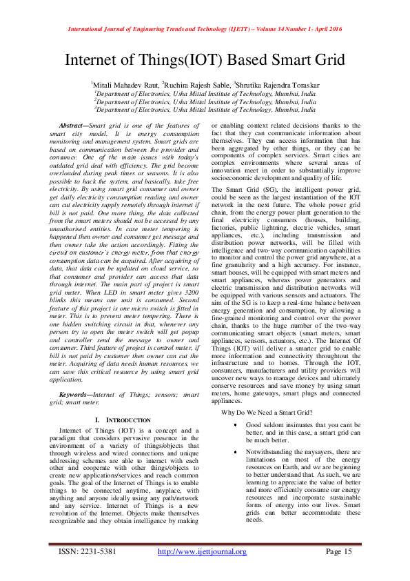 Pdf Internet Of Things Iot Based Smart Grid