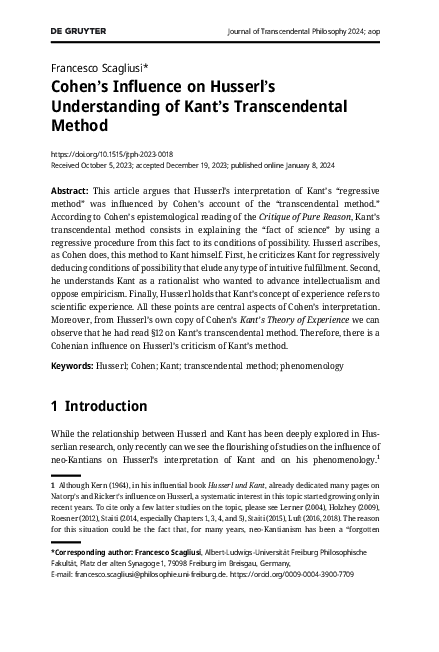 (PDF) Cohen's Influence on Husserl's Understanding of Kant's ...
