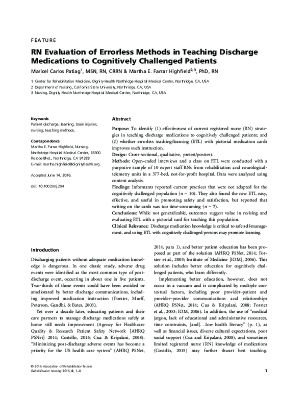 (PDF) RN Evaluation of Errorless Methods in Teaching Discharge Medications to Cognitively ...