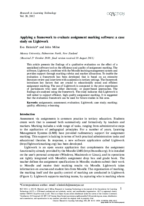 (PDF) Applying a framework to evaluate assignment marking software: a case study on Lightwork