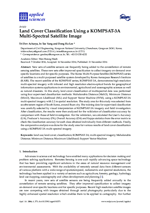 (PDF) Land Cover Classification Using a KOMPSAT-3A Multi-Spectral Satellite Image