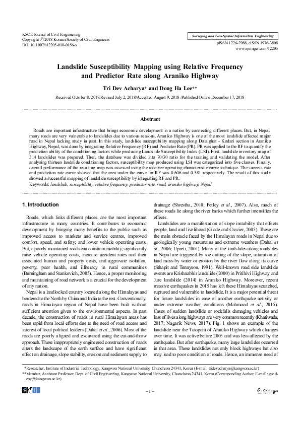 (PDF) Landslide Susceptibility Mapping using Relative Frequency and Predictor Rate along Araniko ...