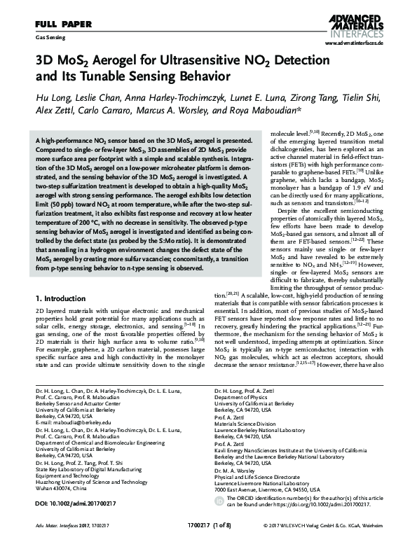 (PDF) 3D MoS2 Aerogel for Ultrasensitive NO2 Detection and Its Tunable ...