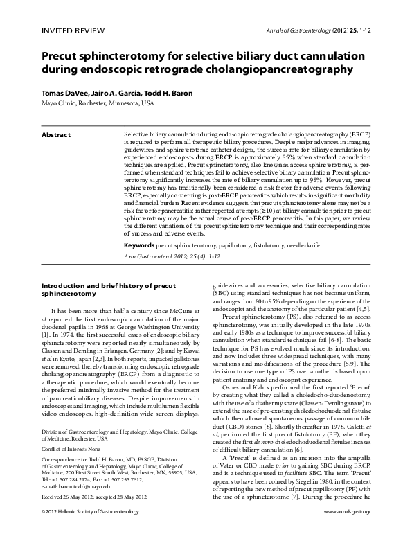 (PDF) Precut sphincterotomy for selective biliary duct cannulation ...