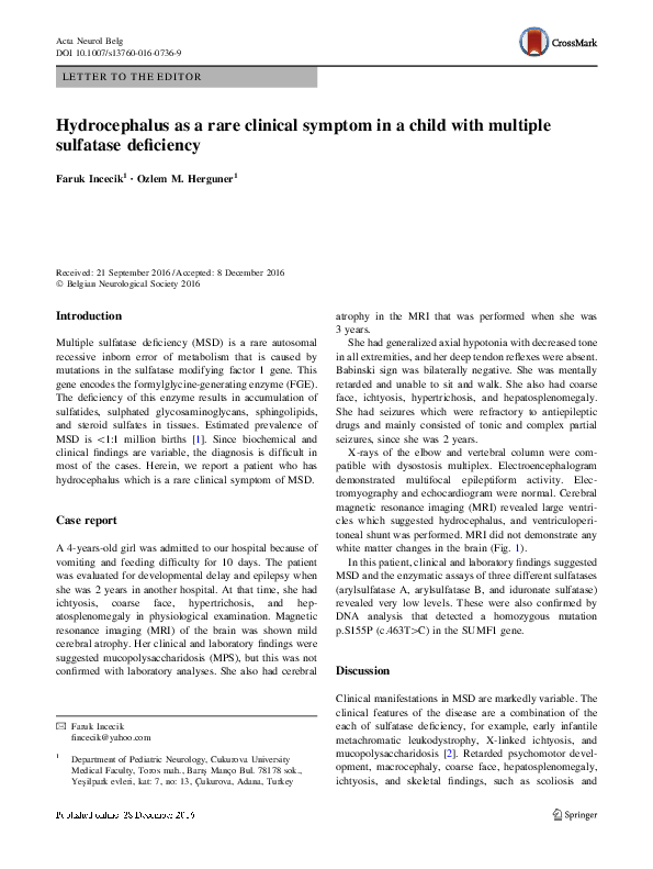 (PDF) Hydrocephalus as a rare clinical symptom in a child with multiple ...