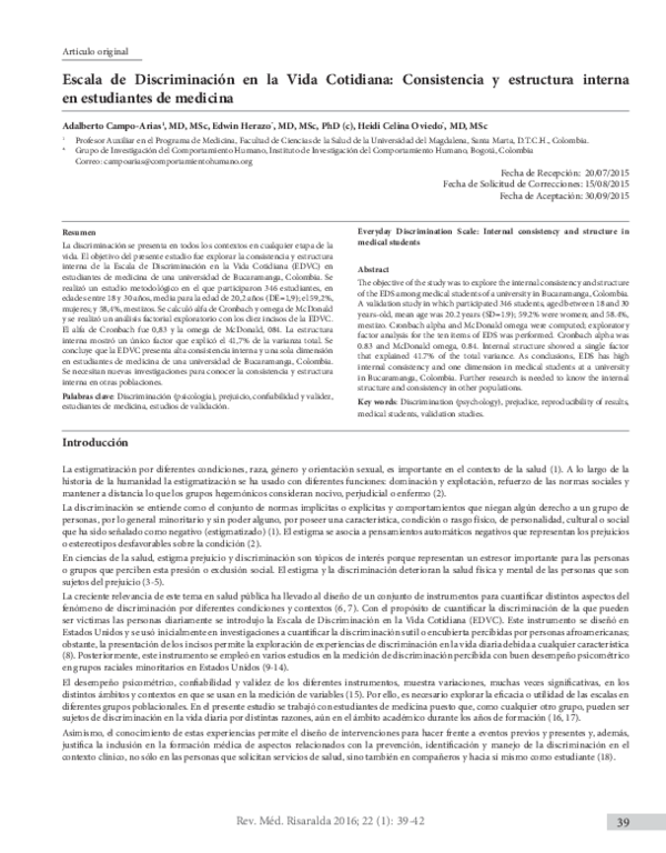 (PDF) Everyday Discrimination Scale: Internal consistency and structure ...