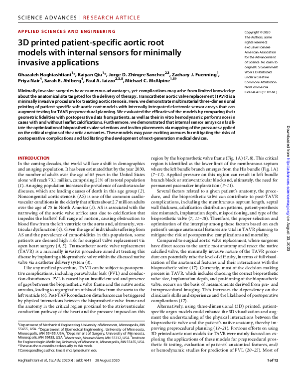 Pdf 3d Printed Patient Specific Aortic Root Models With Internal Sensors For Minimally 2891
