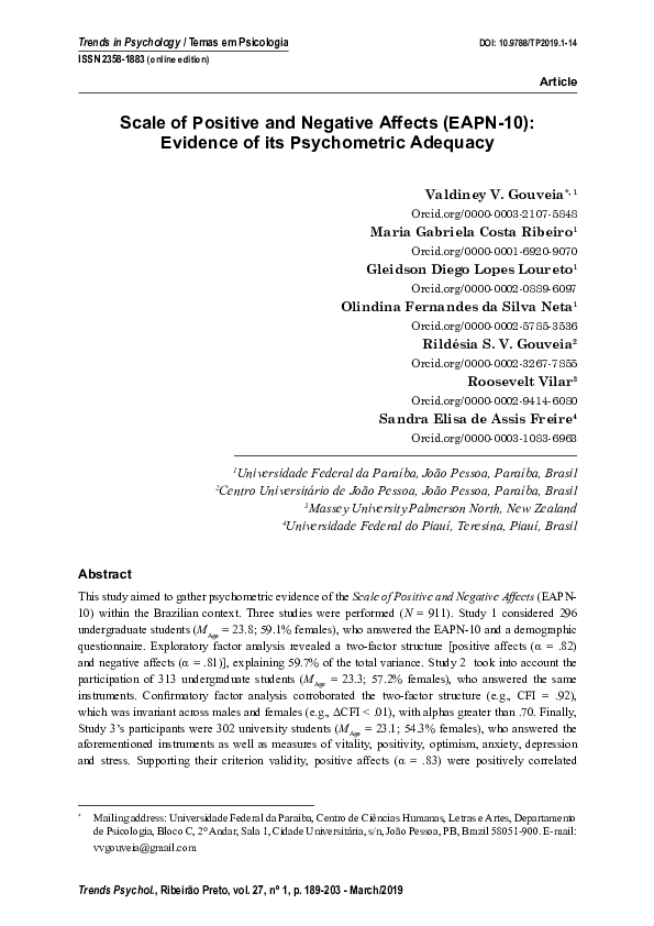 (PDF) Scale of Positive and Negative Aﬀ ects (EAPN-10): Evidence of its ...