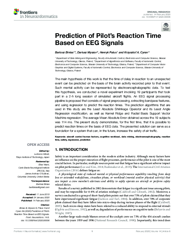 Pdf Prediction Of Pilot S Reaction Time Based On Eeg Signals
