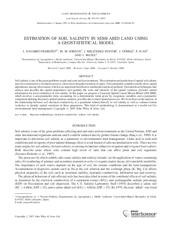 (PDF) Estimation of soil salinity in semi-arid land using a geostatistical model