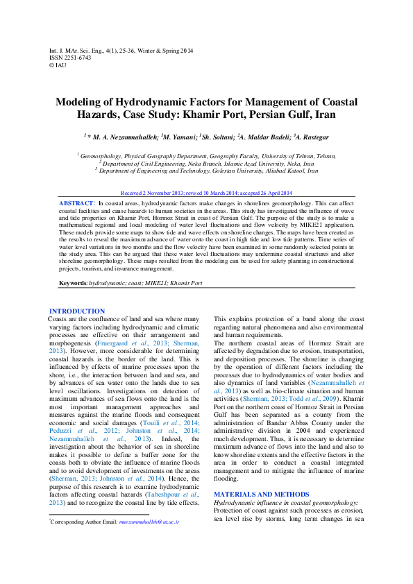 (PDF) Modeling of Hydrodynamic Factors for Management of Coastal ...