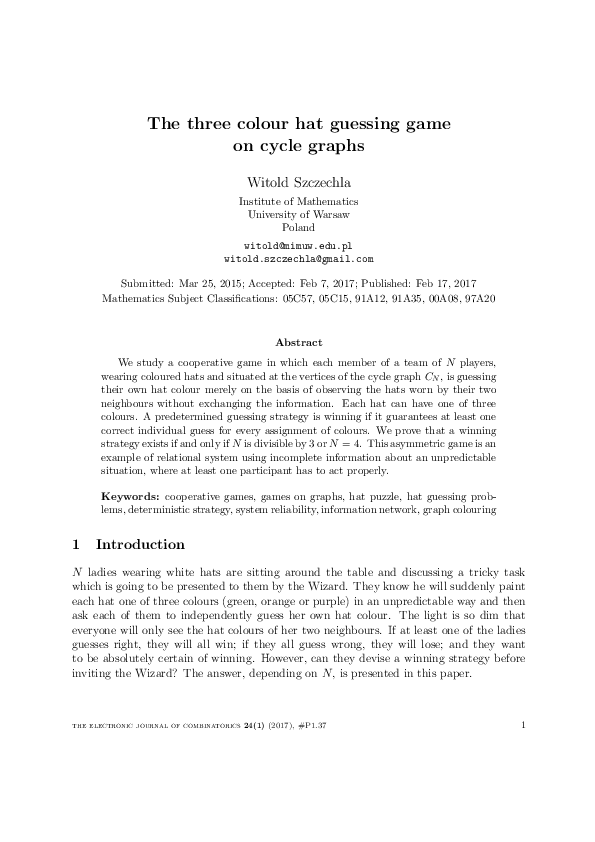 (PDF) The Three Colour Hat Guessing Game on Cycle Graphs