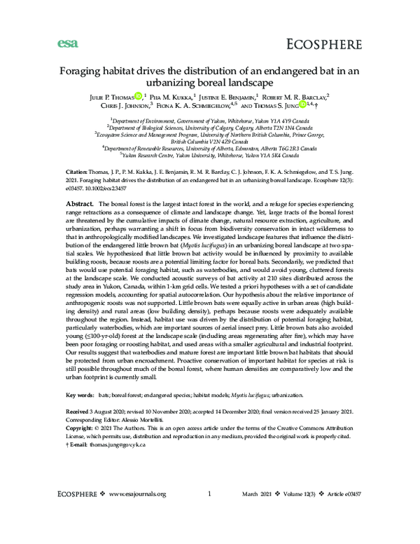 (PDF) Foraging habitat drives the distribution of an endangered bat in ...