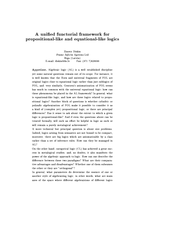 (PDF) A Uniied Functorial Framework for Propositional-like and Equational-like Logics