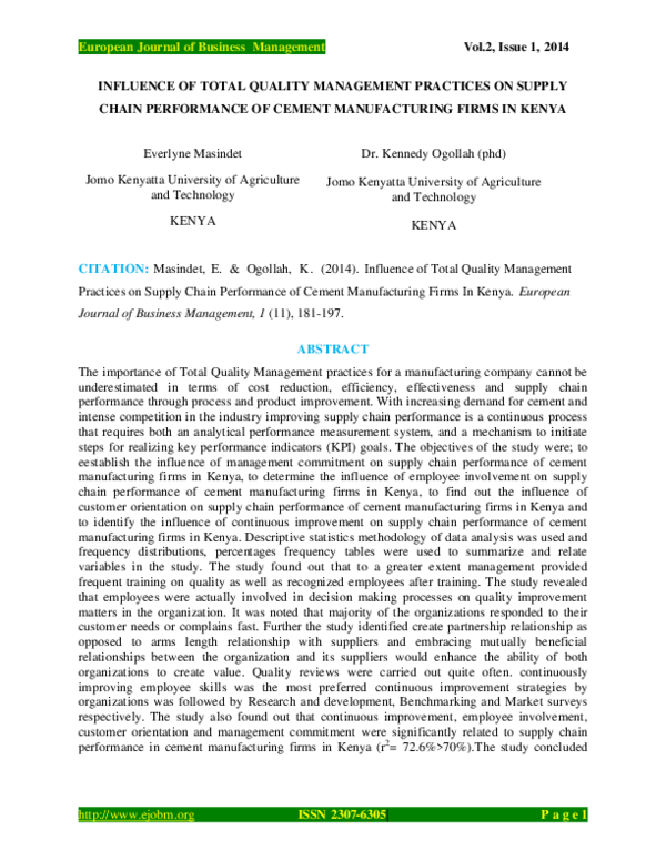 (PDF) INFLUENCE OF TOTAL QUALITY MANAGEMENT PRACTICES ON SUPPLY CHAIN PERFORMANCE OF CEMENT ...