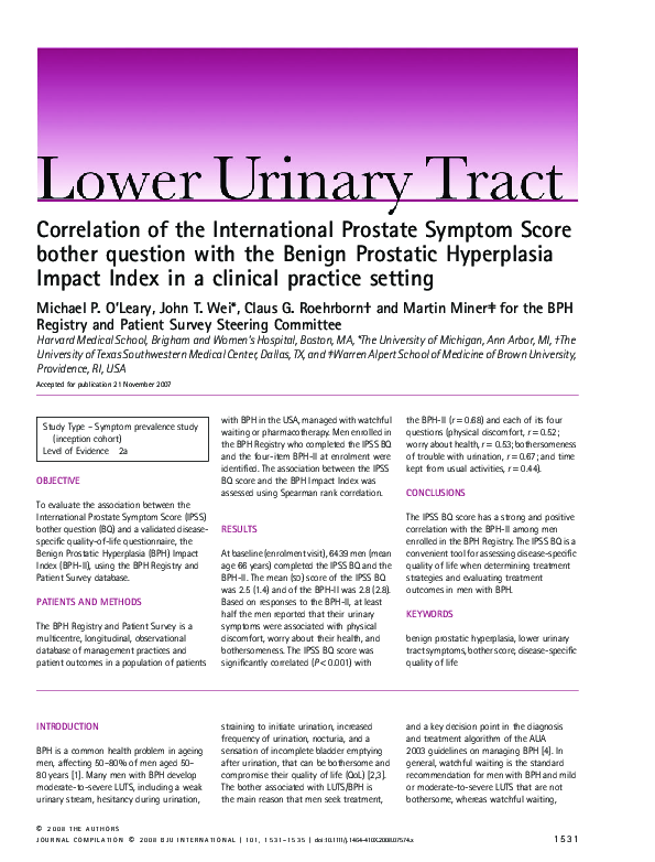 (PDF) Correlation of the International Prostate Symptom Score bother ...