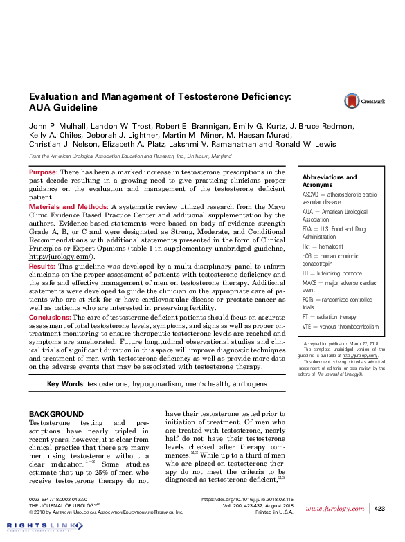 (PDF) Evaluation and Management of Testosterone Deficiency: AUA Guideline