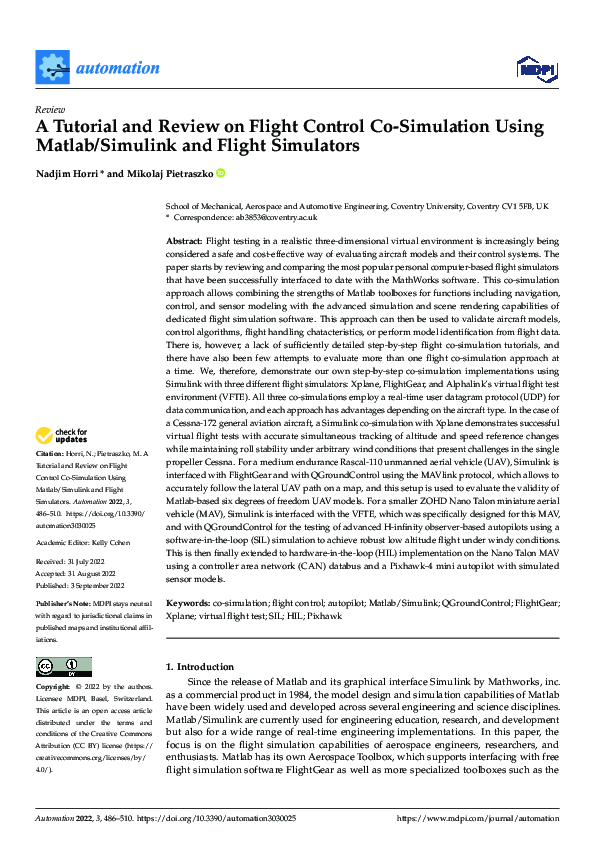 Pdf A Tutorial And Review On Flight Control Co Simulation Using Matlabsimulink And Flight 9512