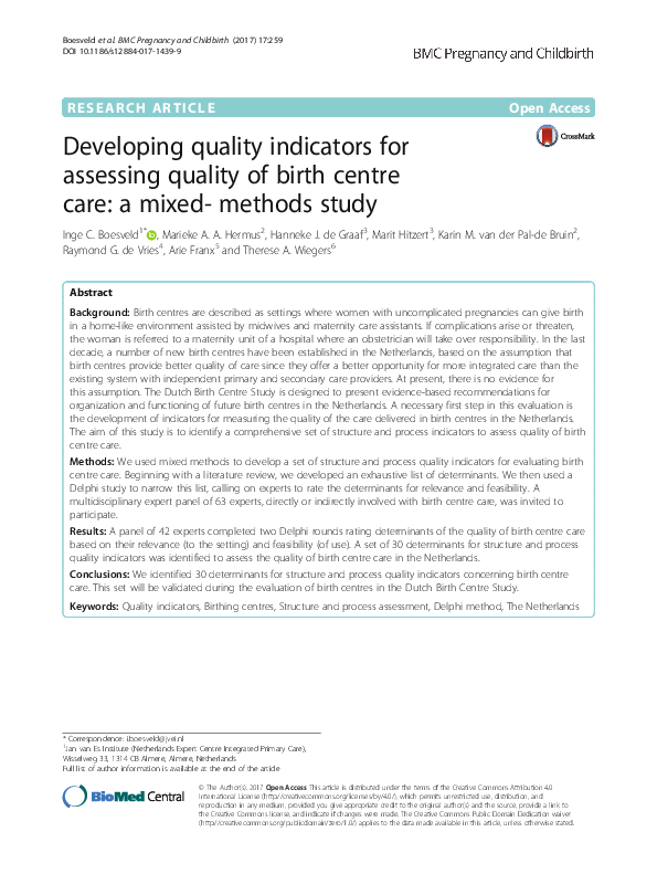 (PDF) Developing quality indicators for assessing quality of birth centre care: a mixed- methods ...