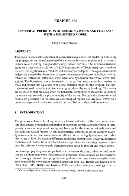 (PDF) Numerical Prediction of Breaking Waves and Currents with a Boussinesq Model